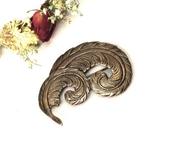 Large Sterling Silver Feather Brooch, Swirl feather s… - Gem