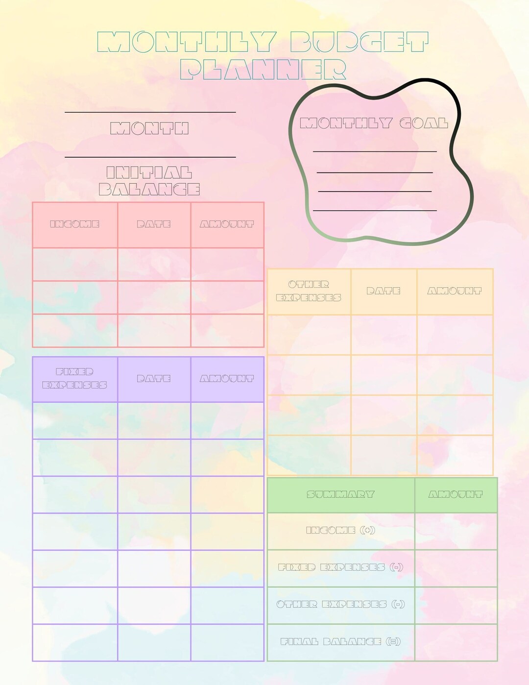 Colorful Monthly Budget Planner Instant Download Monthly - Etsy