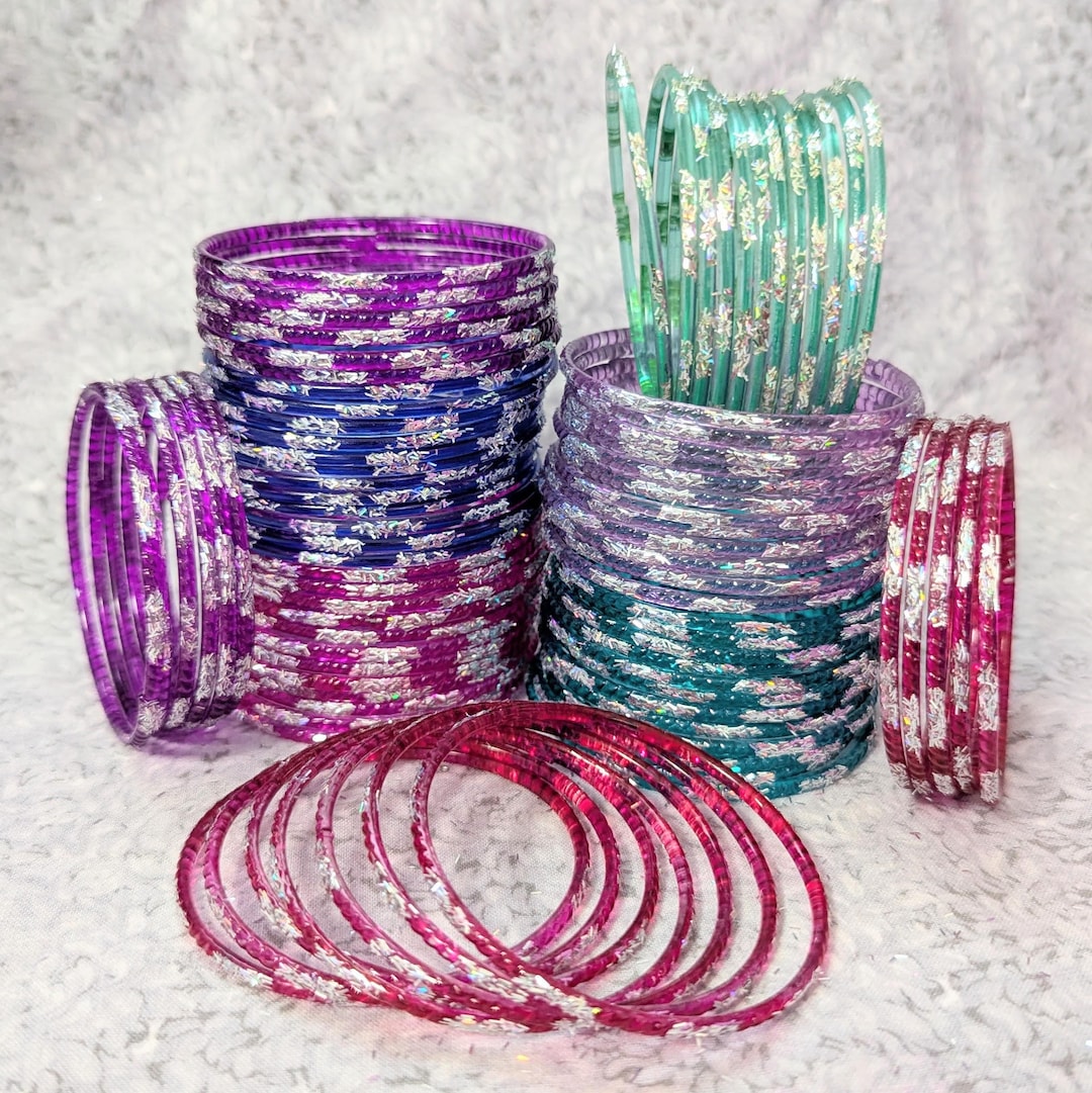 Size 2-6 Small - GLASS Bangles: Transparent Painted Base With Silver ...