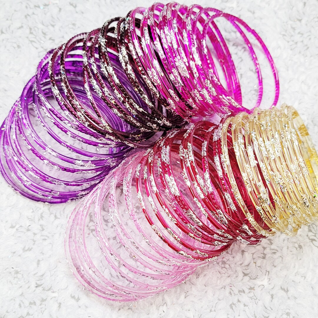 Size 2-10 ML - GLASS Bangles: Transparent Painted Base With Silver ...