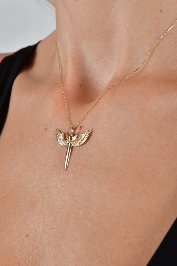 14k Gold Archangel Michael Necklace Guardian Angel Wings Pendant Gold Sword Jewelry Mothers Day Gift for Her Etsy Canada