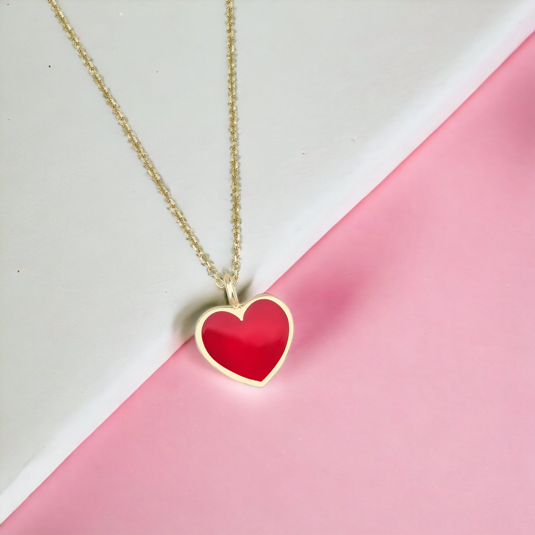 14k Gold Red Enamel Heart Necklace, Minimalist Enamel Heart Pendant ...