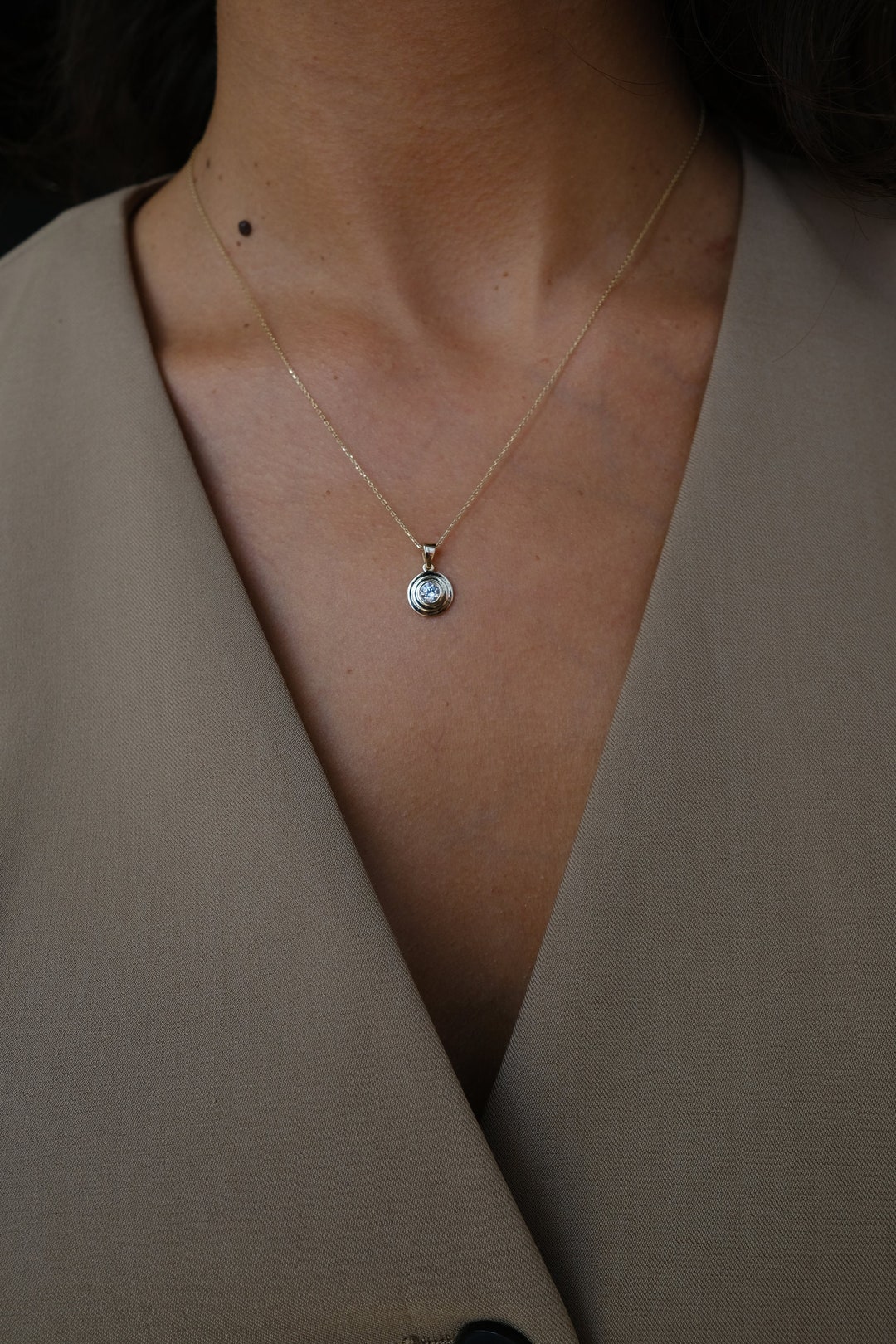 14k Gold Solitaire Necklace, Solitaire Zircon Pendant, Minimalist Gold ...