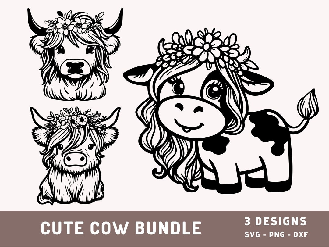 Cute Cow Bundle Svg, Cow Design Svg, Baby Cute Calf PNG, Highland Cow ...