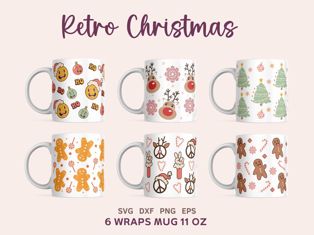 6 Christmas Mug Designs SVG, Retro Christmas Mug 11oz Wrap Svg, Xmas ...