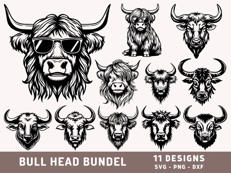 Bull Head Bundle Svg, Highland Cow Design, Bull Tattoo Template, Cool ...