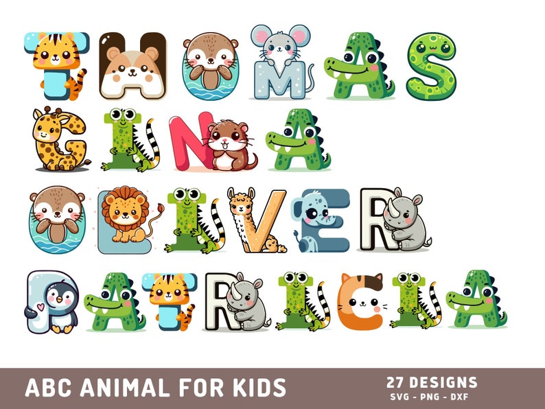 Kids Animal Alphabet SVG, Cute ABC Png, Nursery Animal Letters Clipart ...