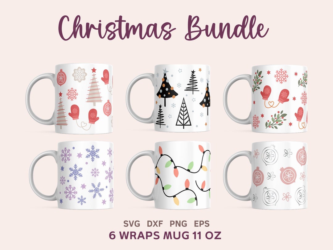 6 Christmas Mug Designs SVG, Christmas Mug 11oz Wrap Svg, Xmas Wraps ...