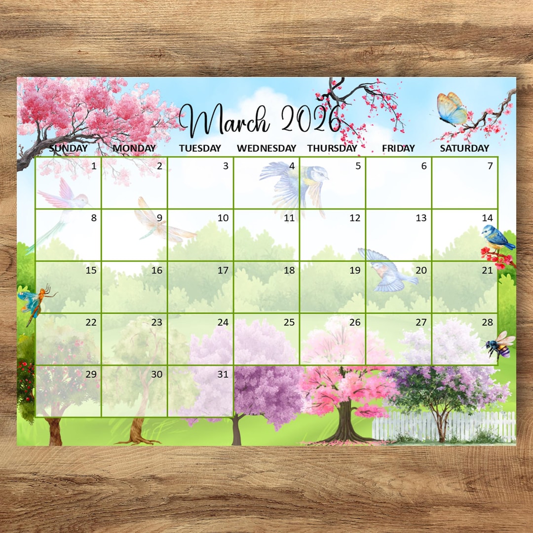 Editable March Calendar 2026, Beautiful Spring March Calendar Printable ...