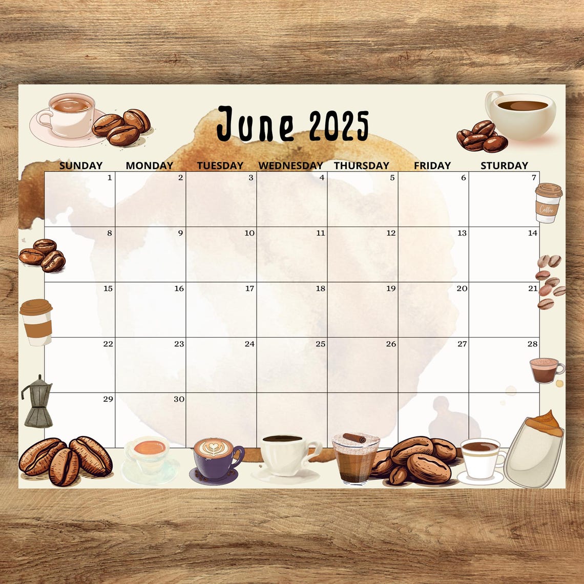 EDITABLE June 2025 Calendar, Cute Summer Planner W/ Coffee, Printable ...