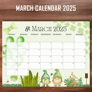 EDITABLE March 2025 Calendar, Beautiful Spring With Cute Gnome Planner ...
