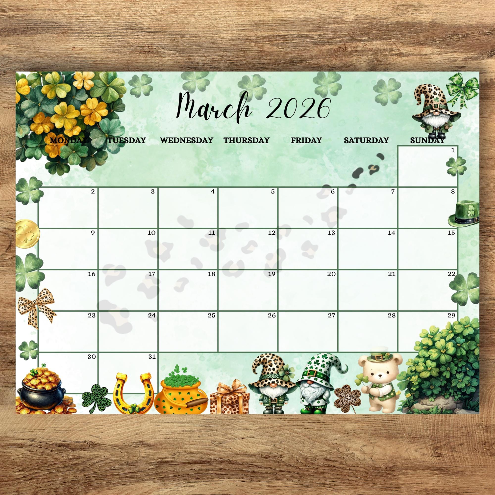 EDITABLE March 2026 Calendar, St. Patrick's Day W/ Cute Gnome Calendar ...