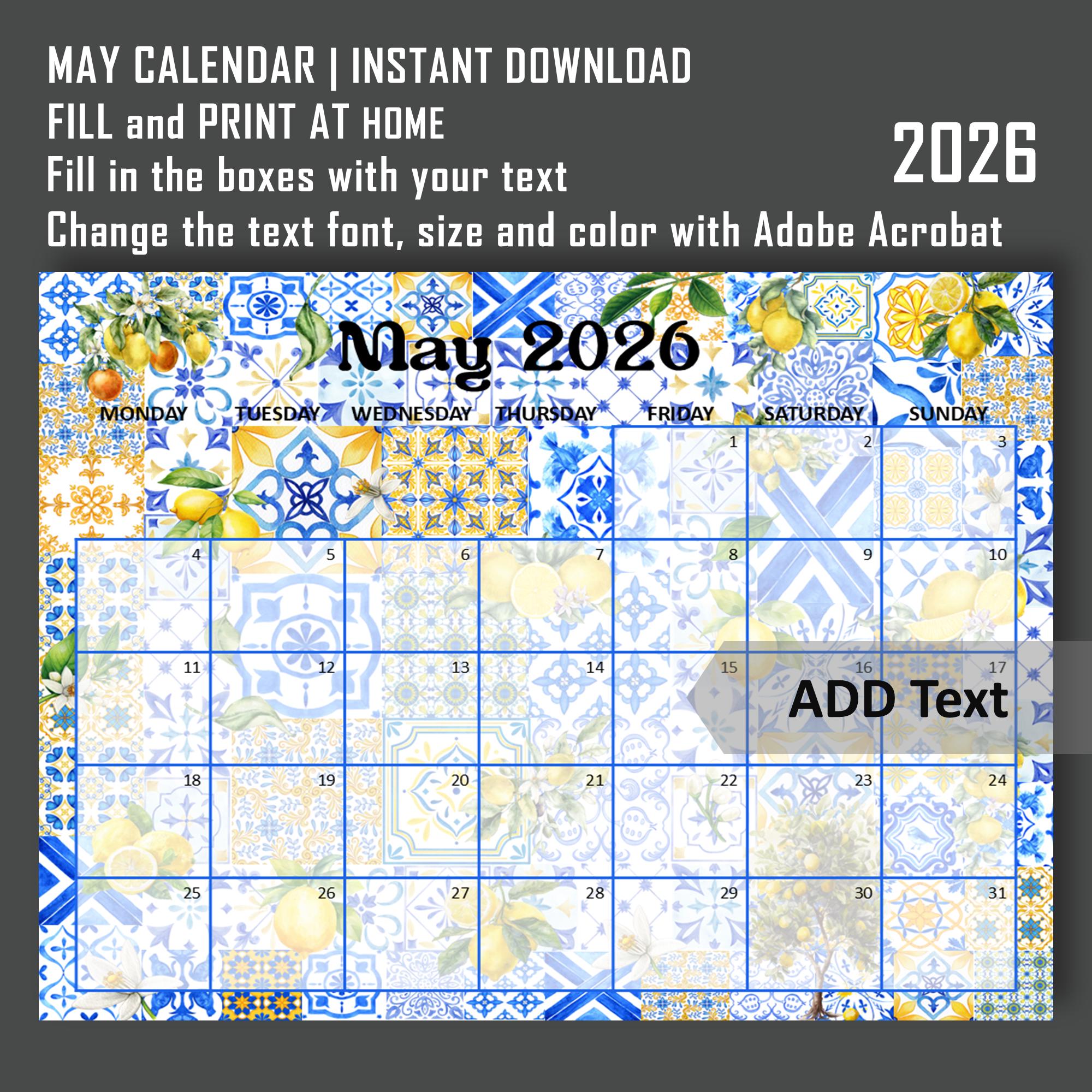 Calendrier modifiable de mai 2026, aquarelle de citrons frais ...