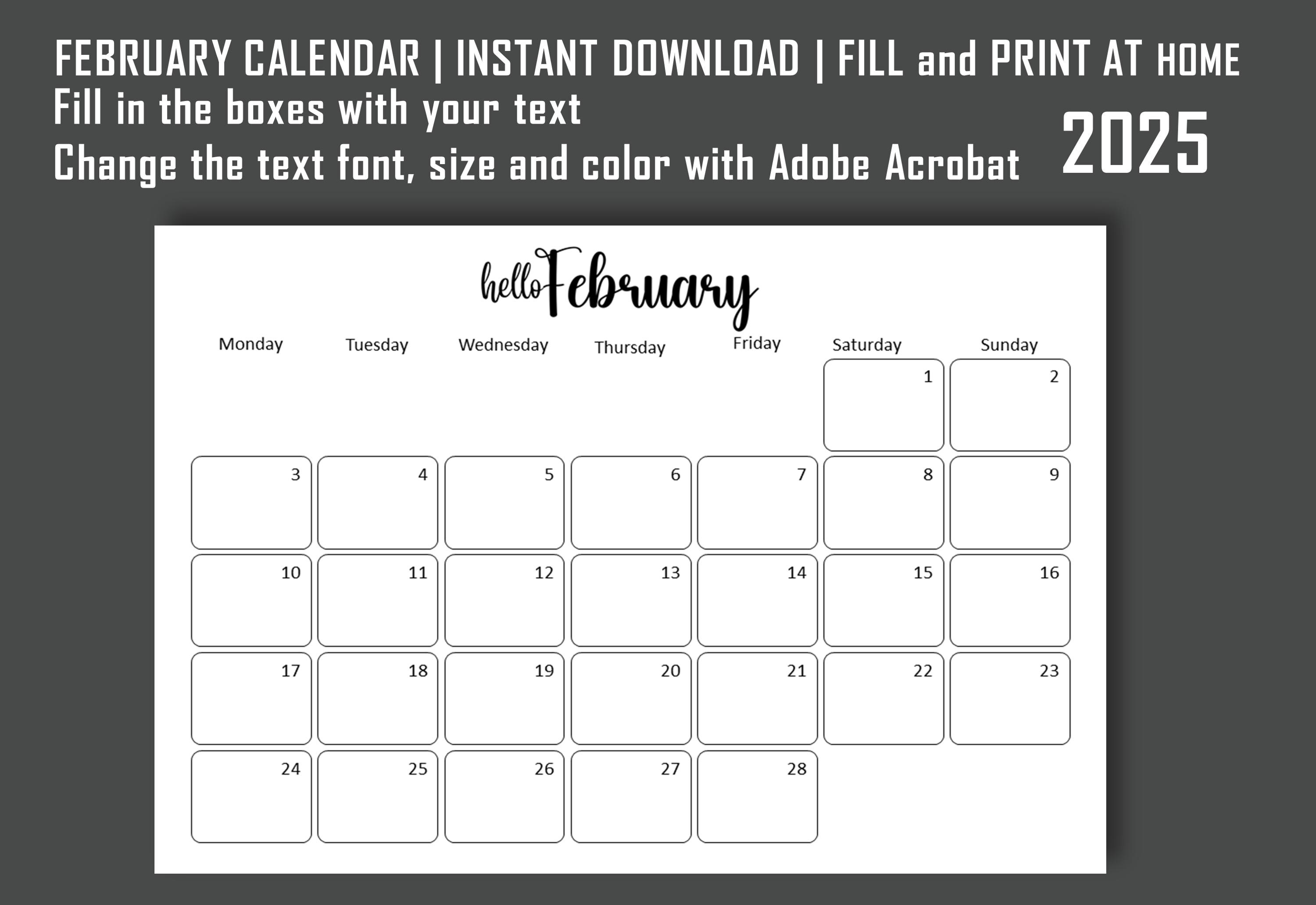 EDITABLE February 2025 Calendar, Fillable Printable Calendar, Kid ...