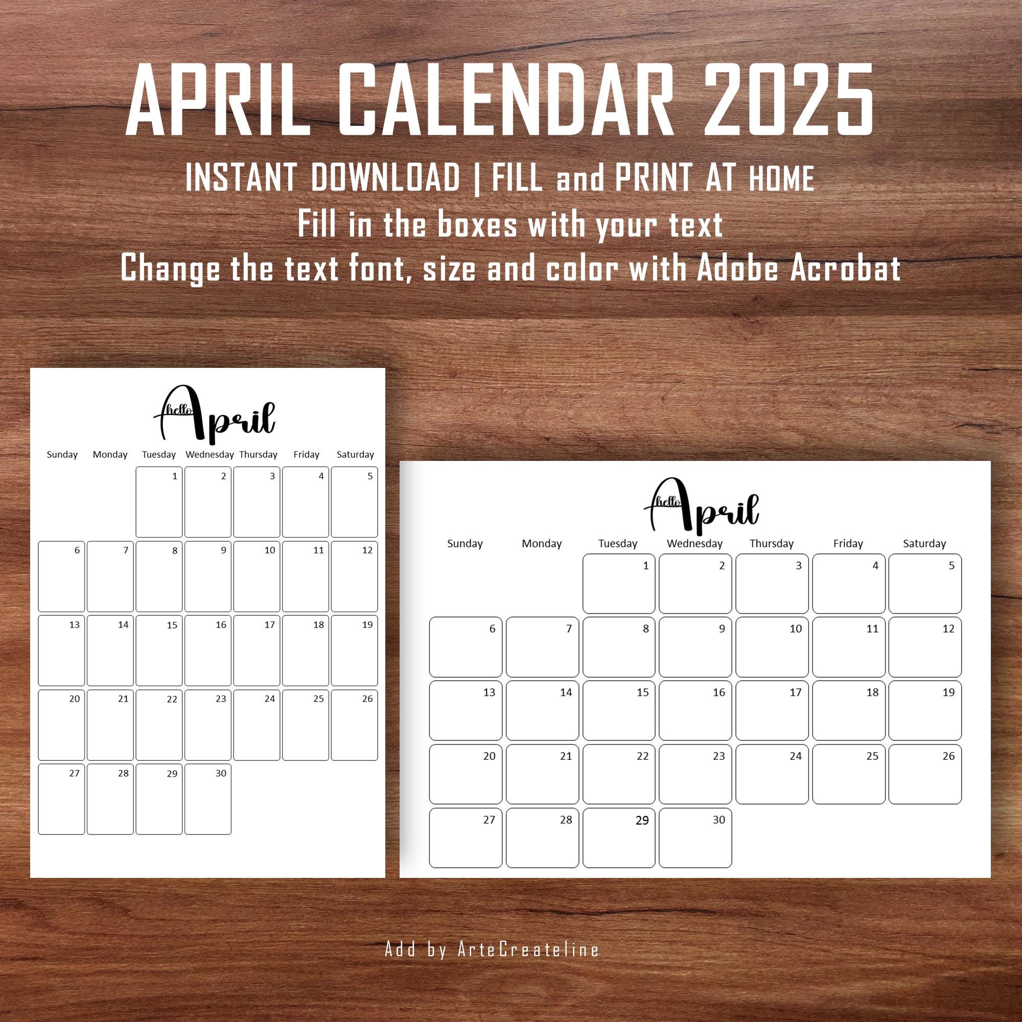 EDITABLE April 2025 Calendar, Printable Fillable Calendar 2025 ...