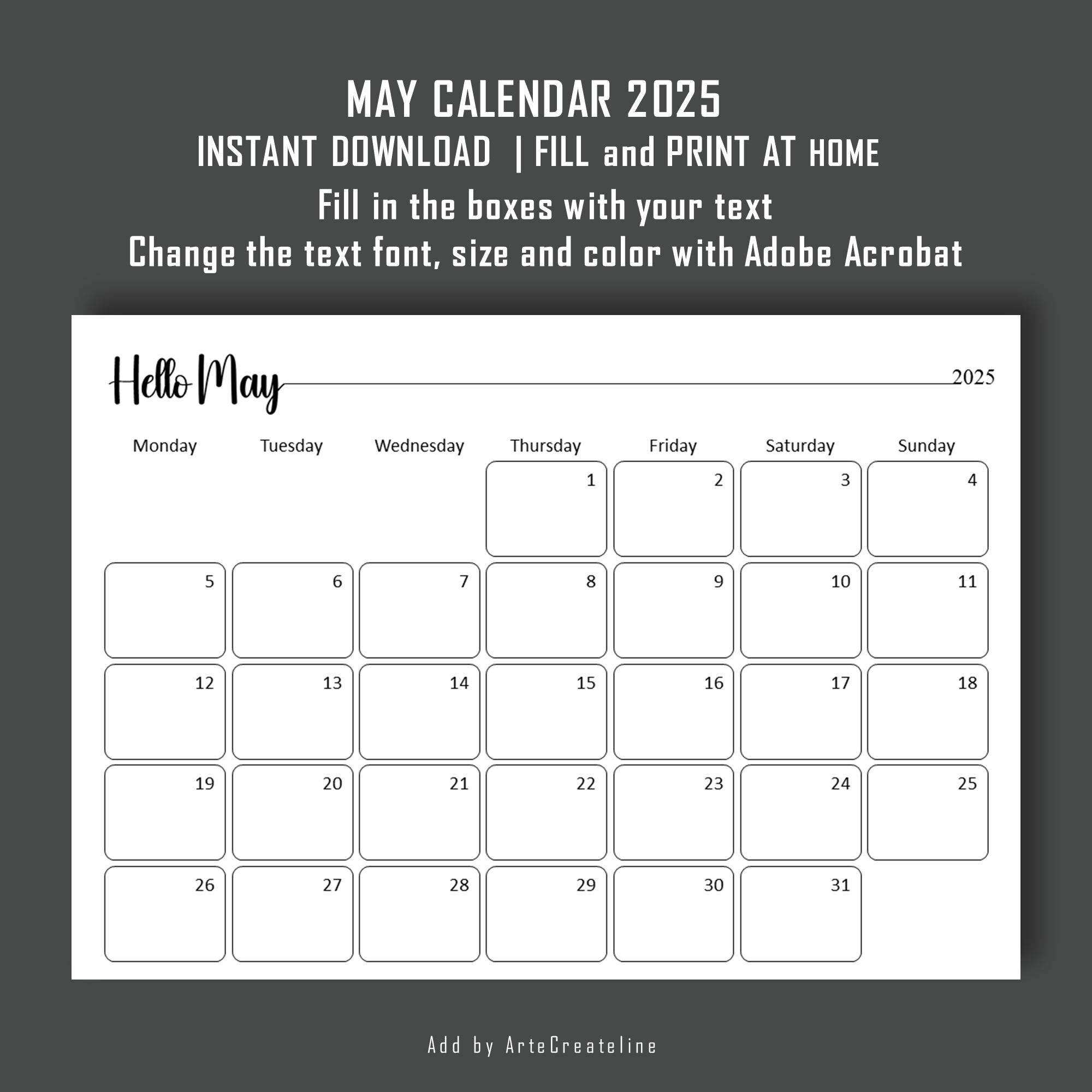EDITABLE May 2025 Calendar, Printable Fillable May Calendar 2025 ...