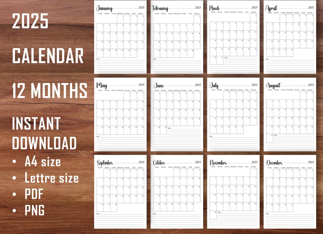 EDITABLE 2025 Monthly Calendar With Notes, Printable 2025 Calendar, 12 ...