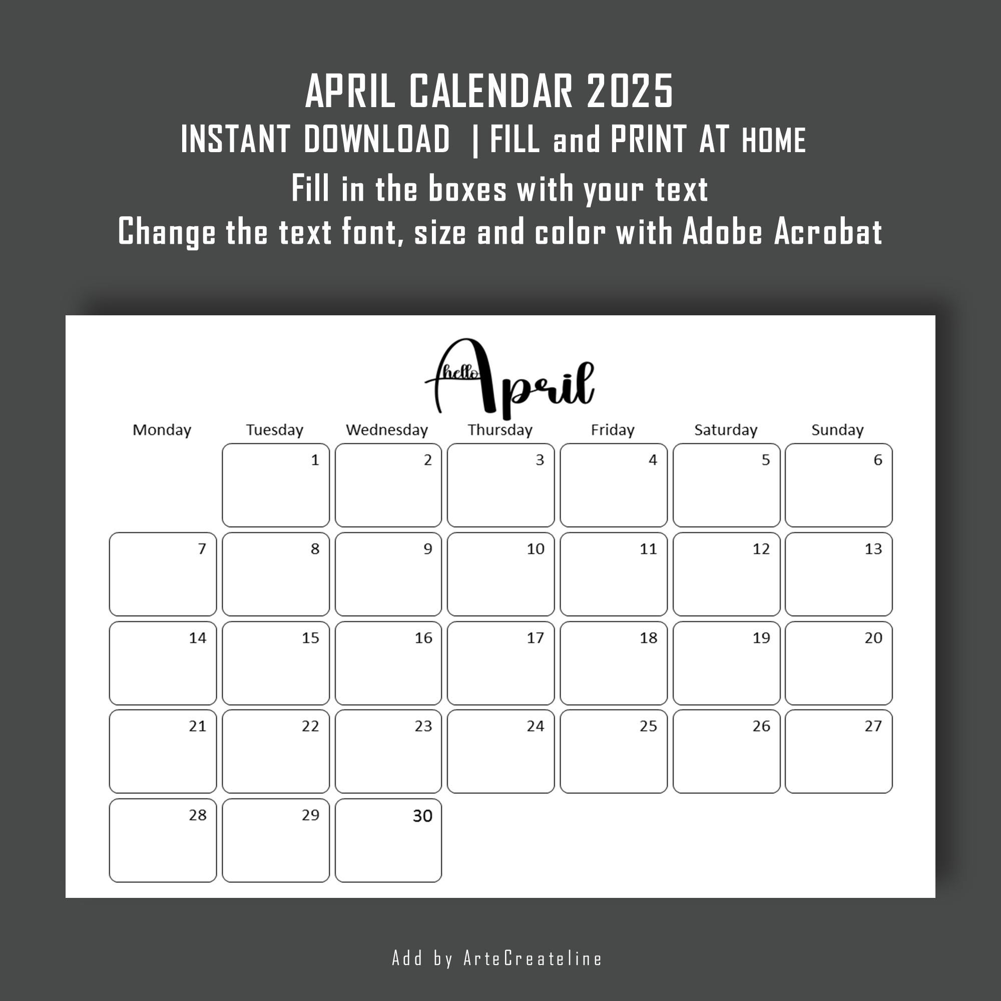 EDITABLE April 2025 Calendar, Printable Fillable Calendar 2025 ...