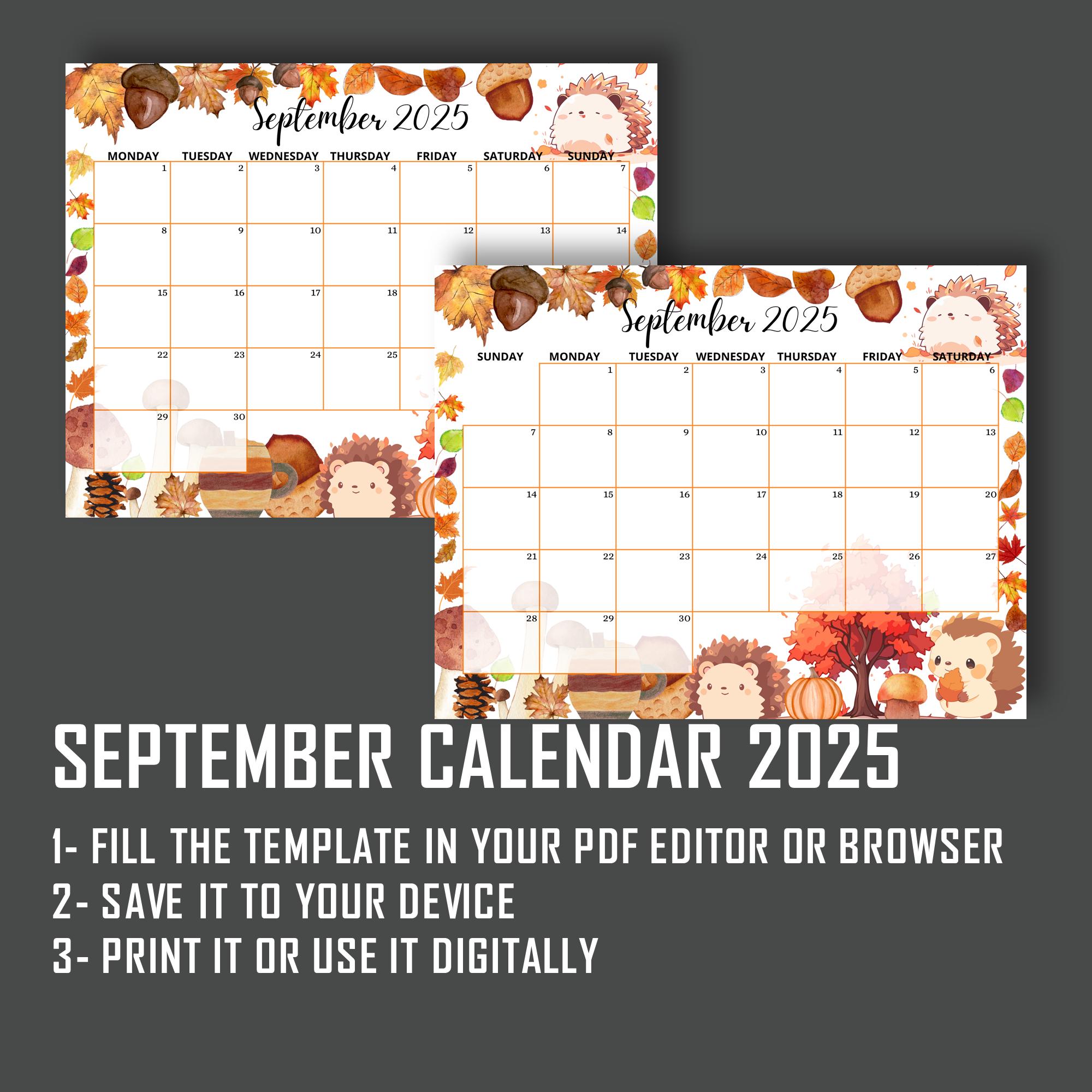 EDITABLE September 2025 Calendar, Beautiful Fall Autumn Calendar 2025 ...