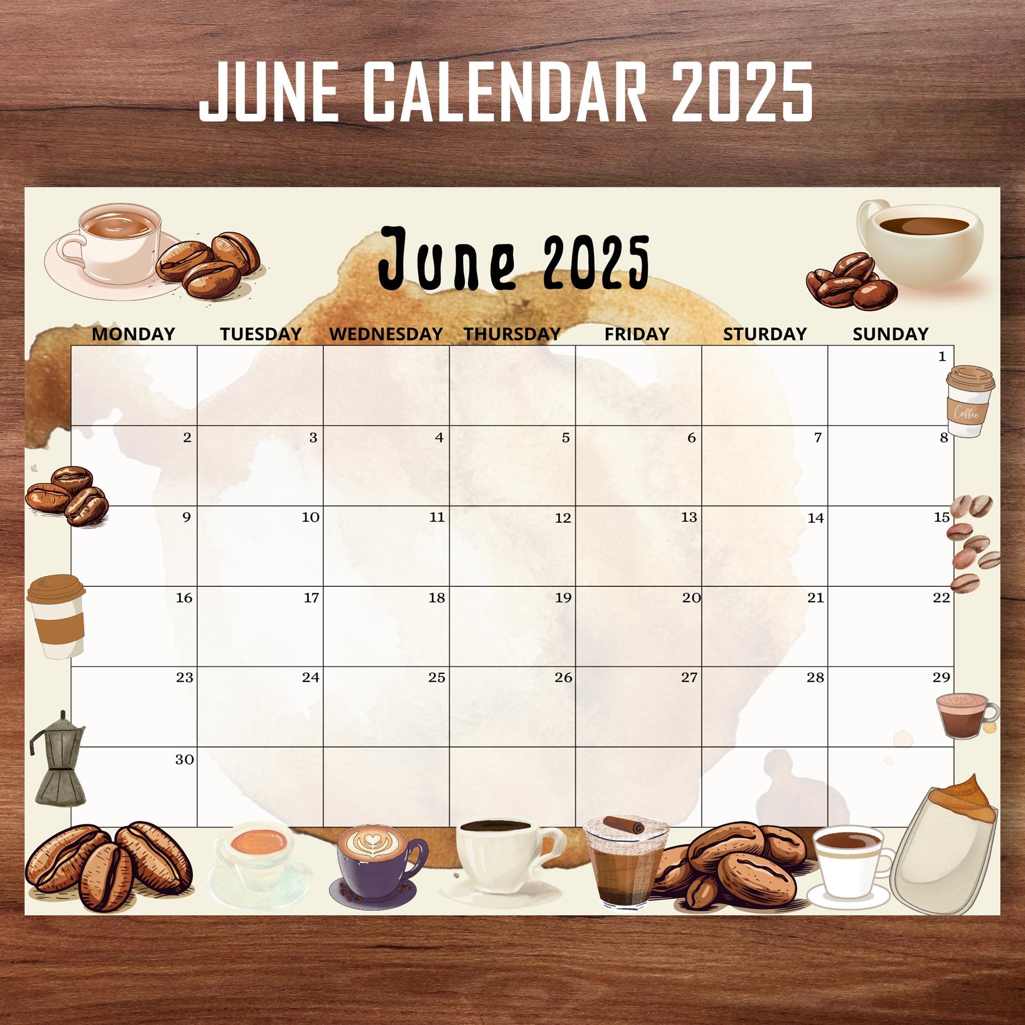 EDITABLE June 2025 Calendar, Cute Summer Planner W/ Coffee, Printable ...