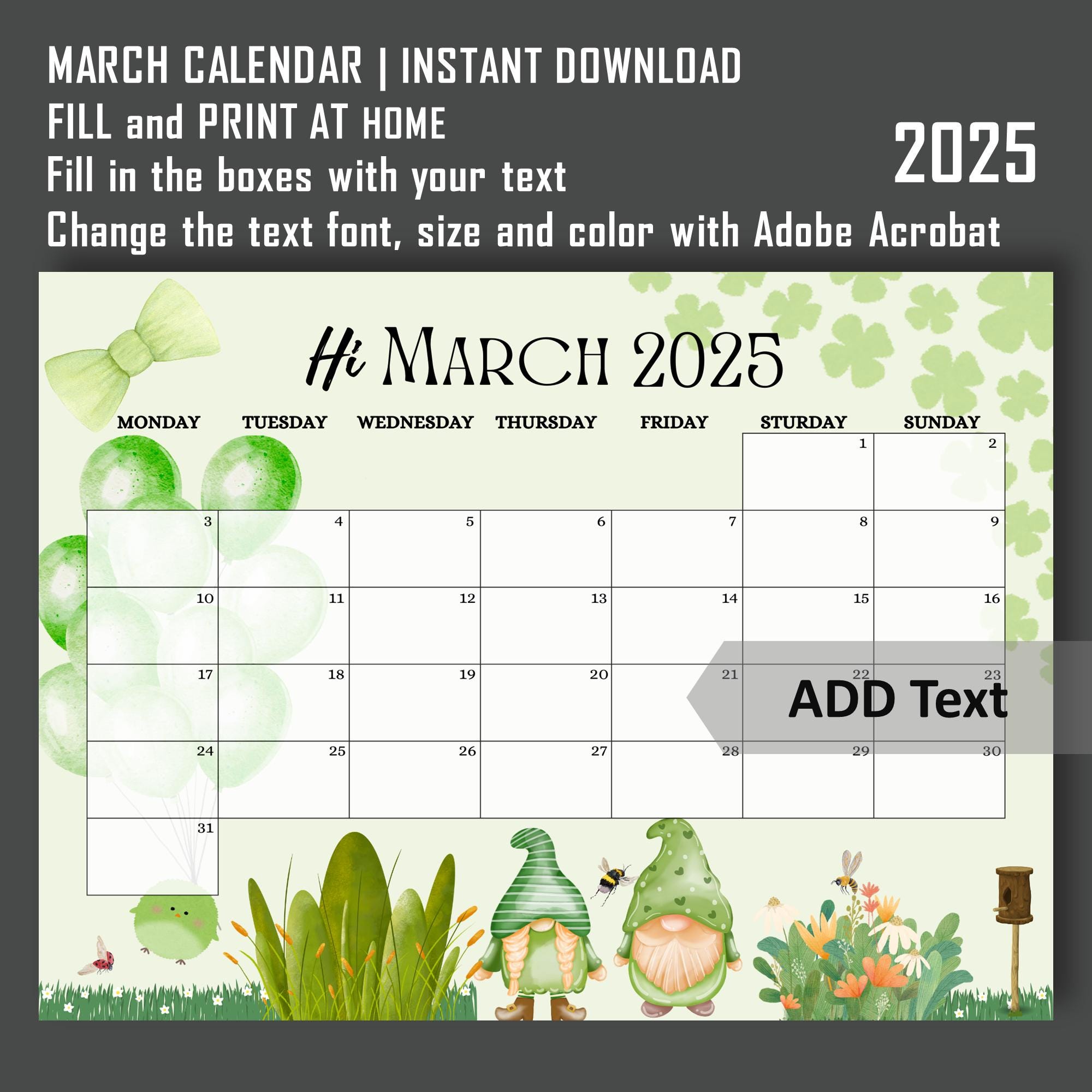 EDITABLE March 2025 Calendar, Beautiful Spring With Cute Gnome Planner ...