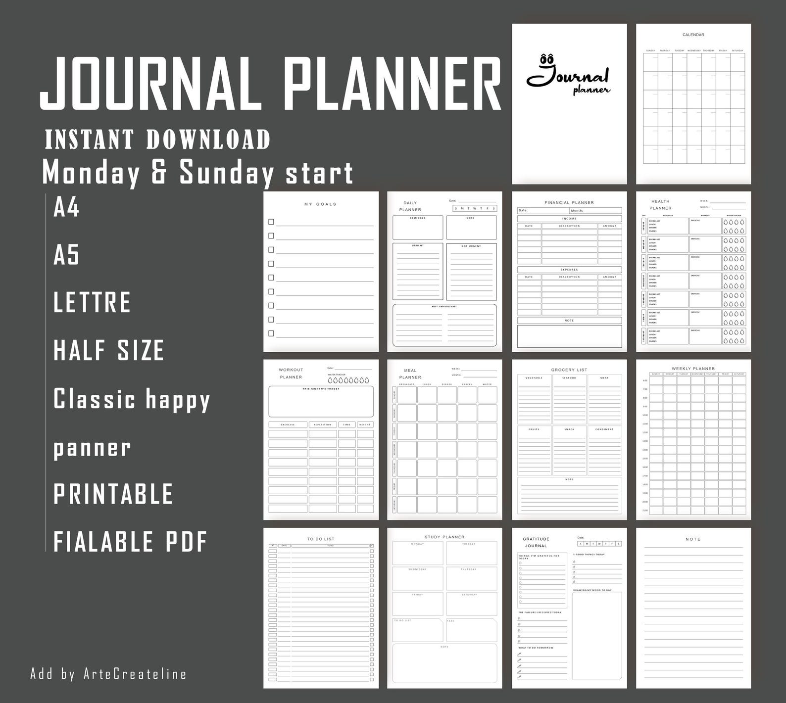 Journal Planner Printable Template, Daily Weekly Monthly Planner ...