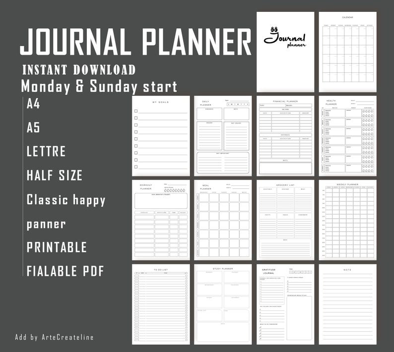 Journal Planner Printable Template, Daily Weekly Monthly Planner ...