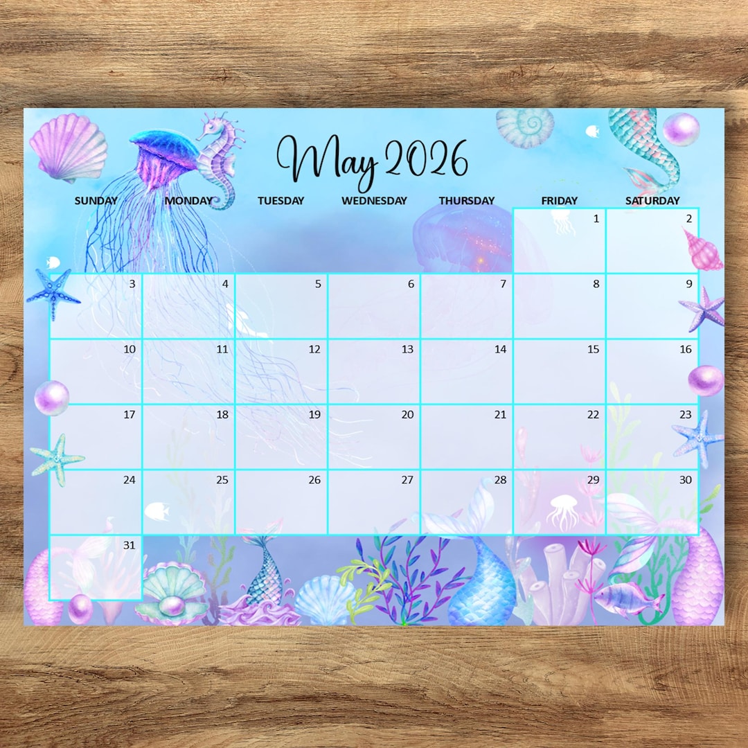 EDITABLE May 2026 Calendar, Cute Sea With Colorful Mermaid May Calendar ...