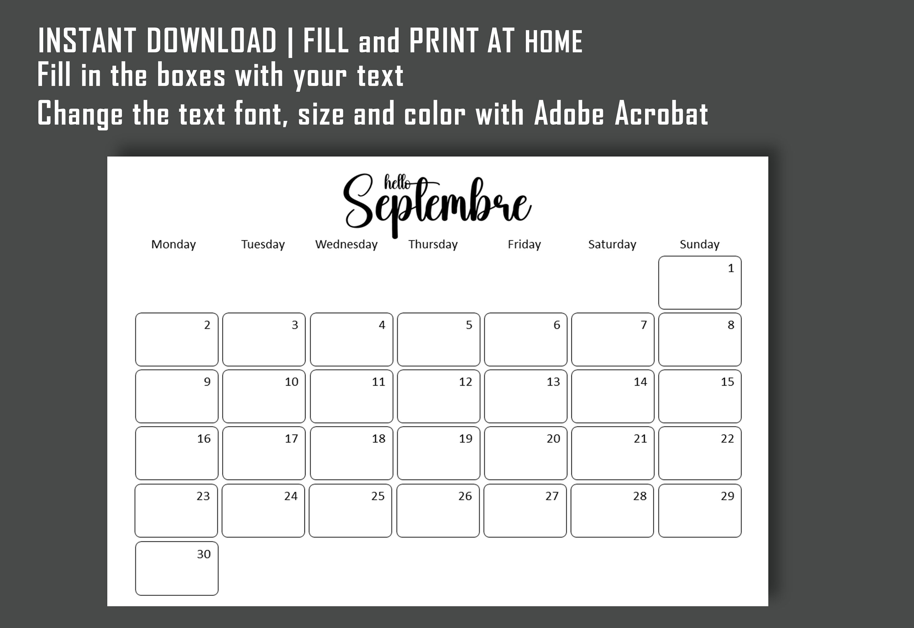EDITIERBARER Kalender für September 2024, schöner druckbarer ...