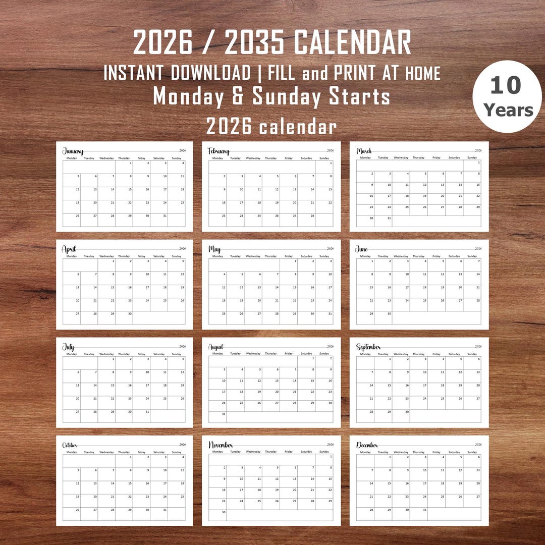 2026-2035 Monthly Calendars Landscape, Printable Calendar Template ...