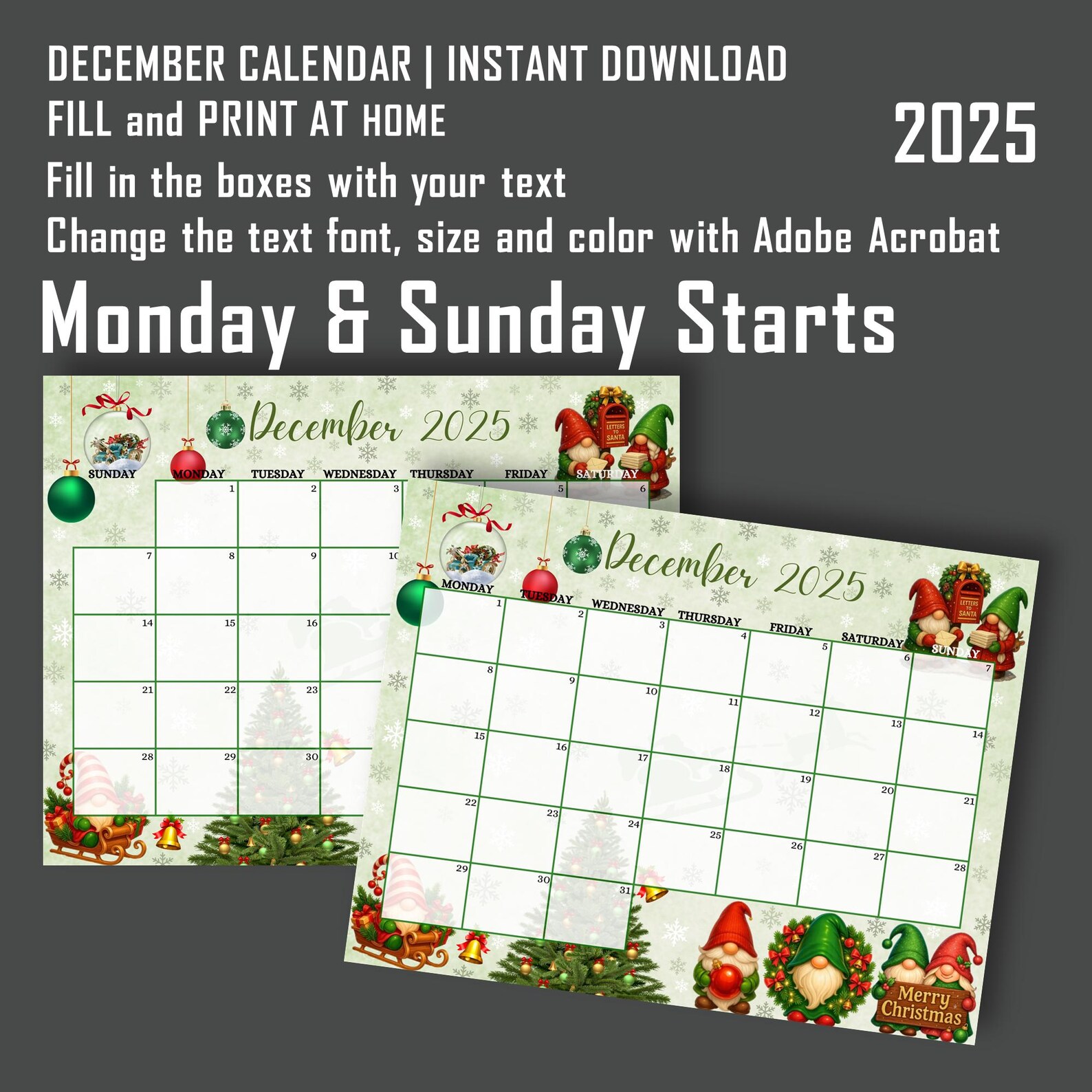 Editable December Calendar 2025, Cute Winter 2025 Calendar Christmas ...