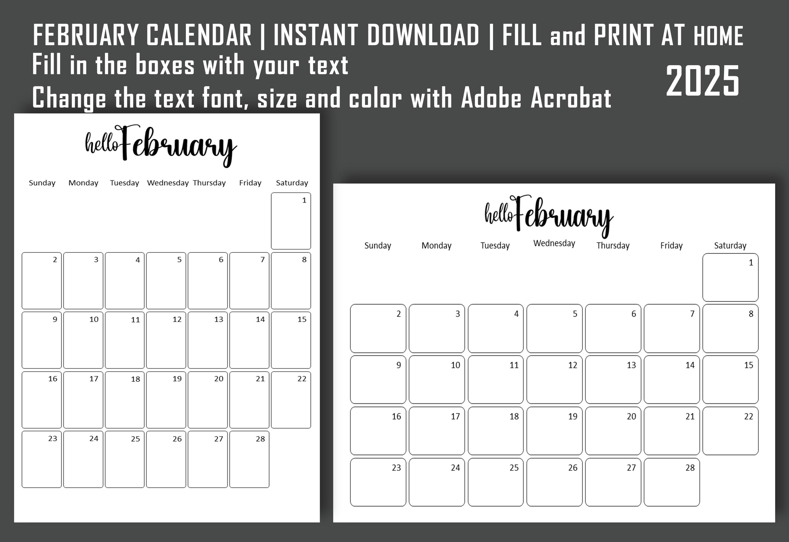 EDITABLE February 2025 Calendar, Fillable Printable Calendar, Kid ...
