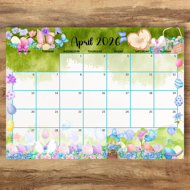 Editable April 2026 Calendar, Happy Easter W/ Colorful Eggs Calendar ...