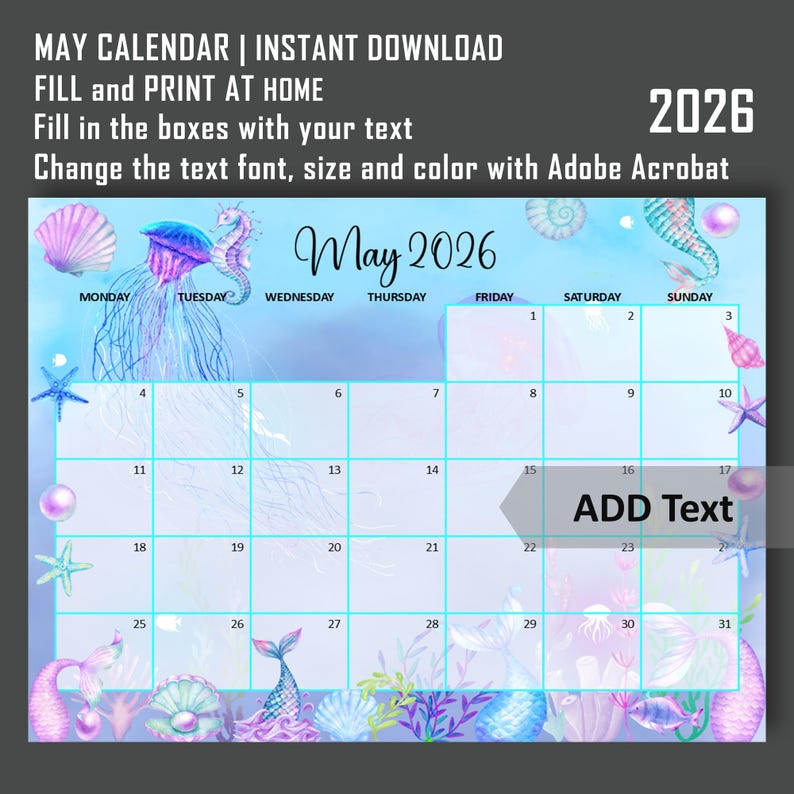 EDITABLE May 2026 Calendar, Cute Sea With Colorful Mermaid May Calendar ...