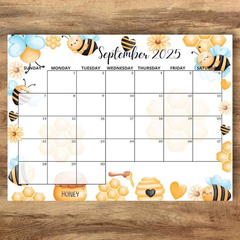 EDITABLE September 2025 Calendar, Cute Bee September Calendar 2025 ...