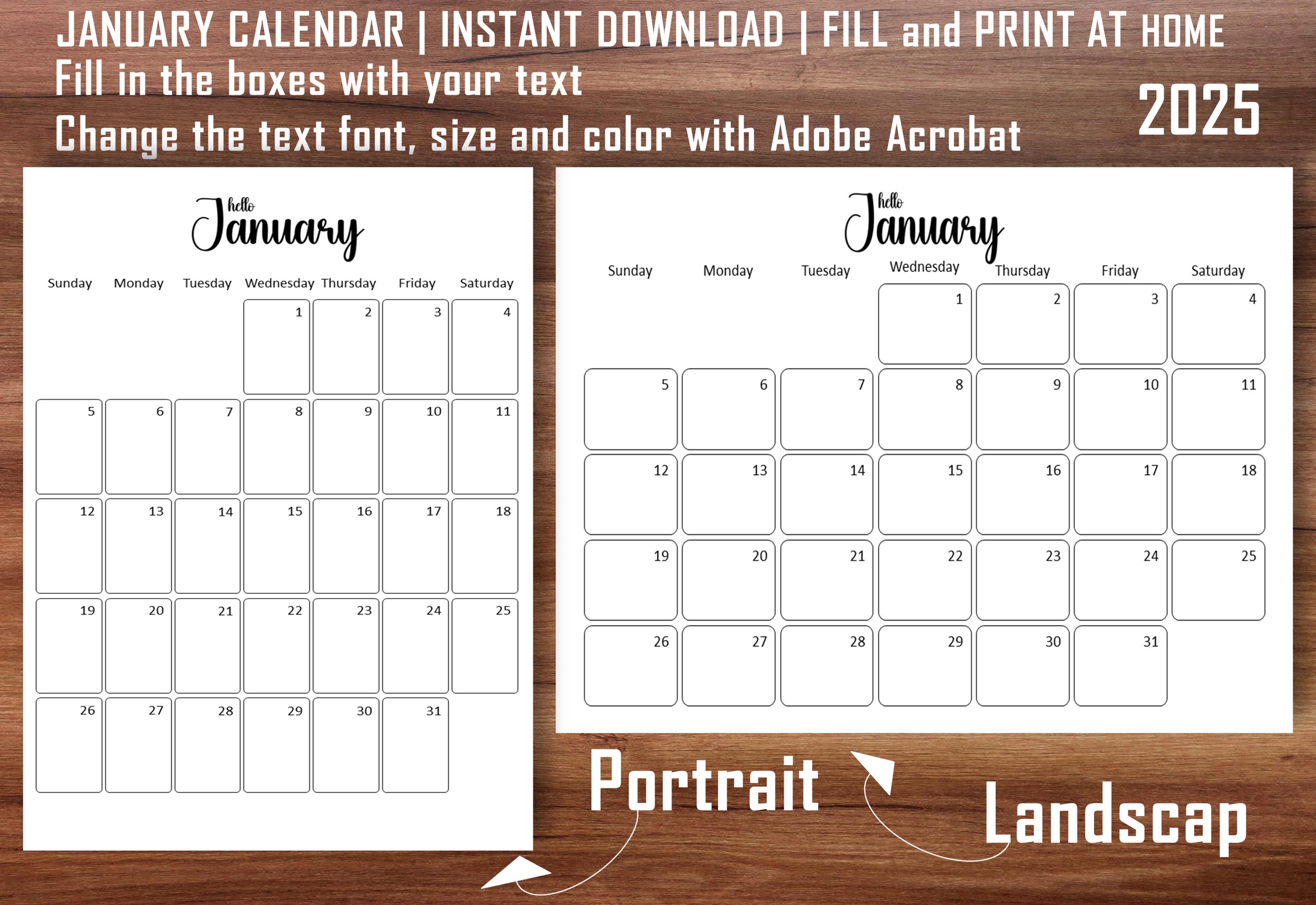 EDITABLE January 2025 Calendar, Printable Fillable Calendar Planner ...