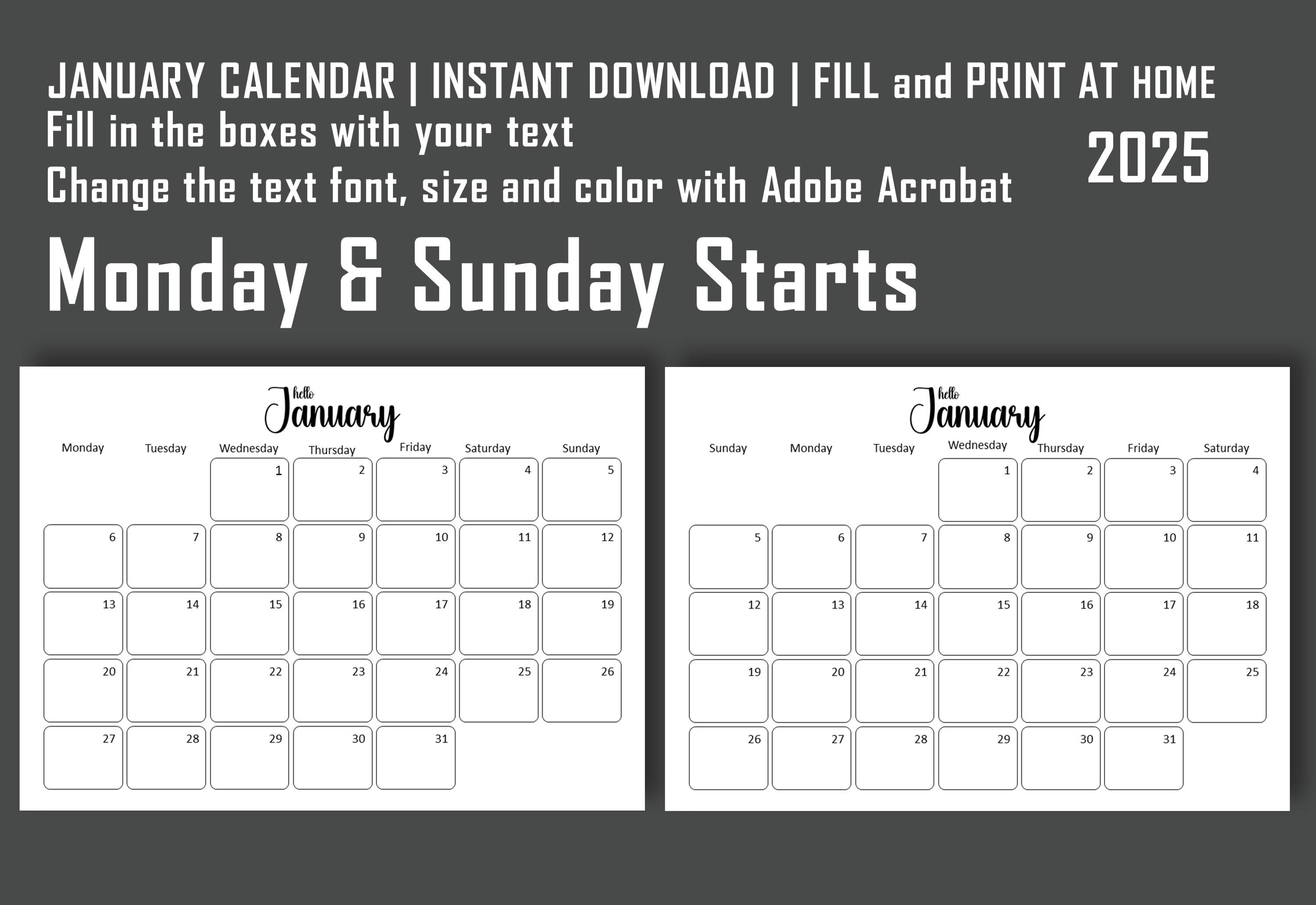 EDITABLE January 2025 Calendar, Printable Fillable Calendar Planner ...