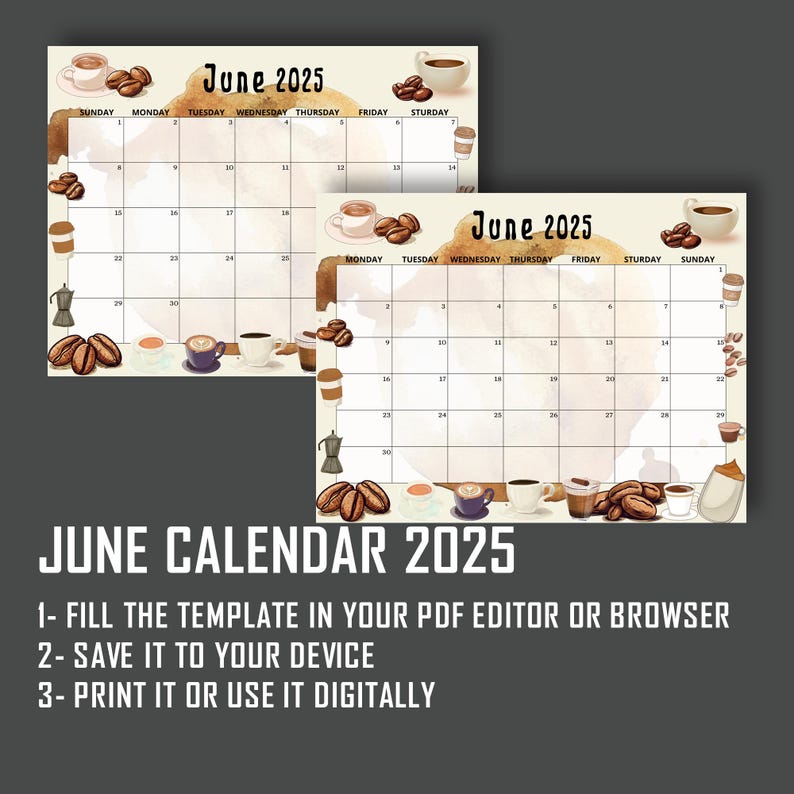 EDITABLE June 2025 Calendar, Cute Summer Planner W/ Coffee, Printable ...