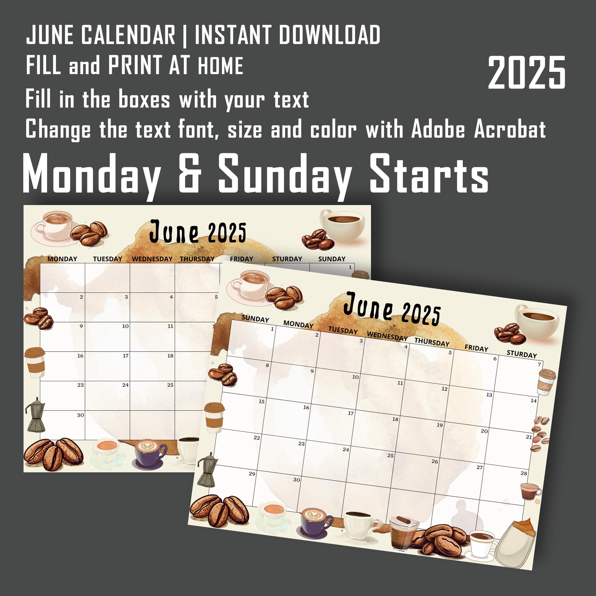 EDITABLE June 2025 Calendar, Cute Summer Planner W/ Coffee, Printable ...