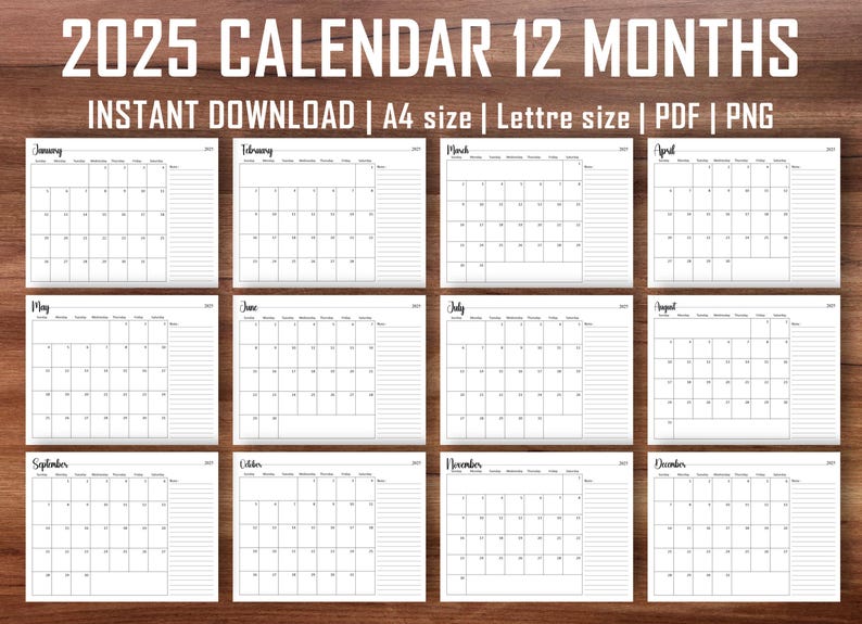 EDITABLE 2025 Monthly Calendar, Printable Calendar 2025, 12 Month ...