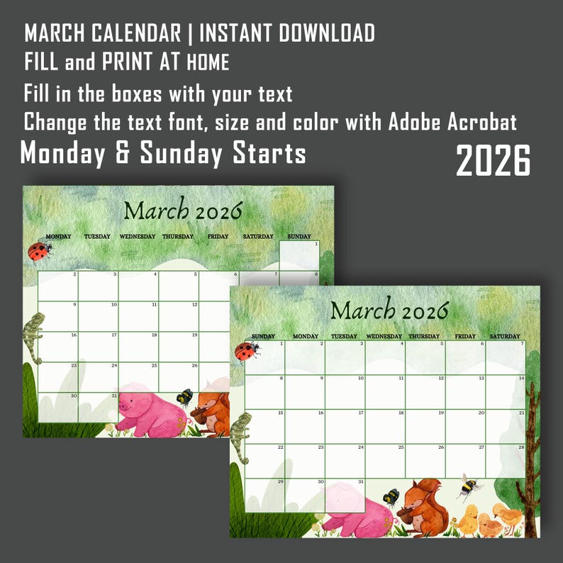 EDITABLE March 2026 Calendar, Beautiful Spring Calendar 2026, Printable ...