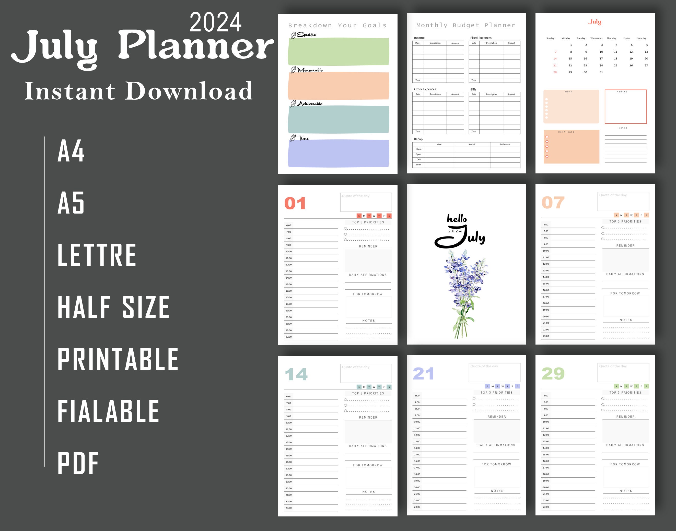 July 2024 Calendar, July 2024 Planner Pdf, Printable Monthly Schedule ...