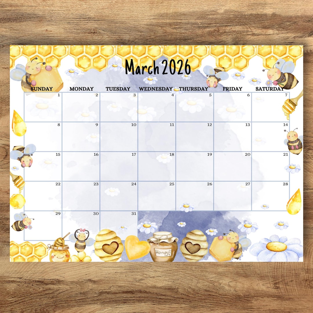 EDITABLE March 2026 Calendar, Cute Honey Bee Spring Calendar, Printable ...