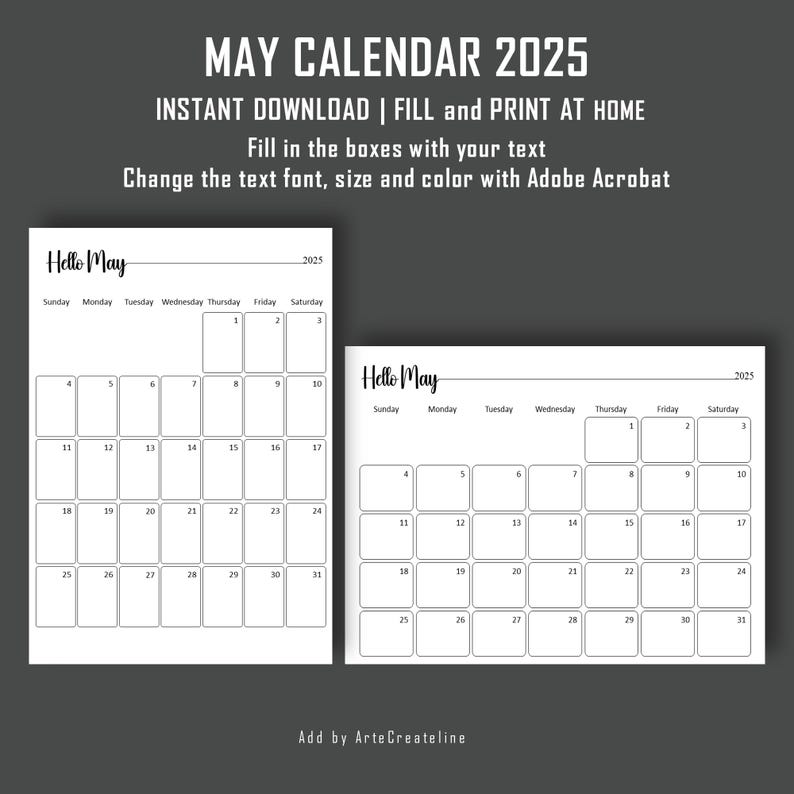EDITABLE May 2025 Calendar, Printable Fillable May Calendar 2025 ...