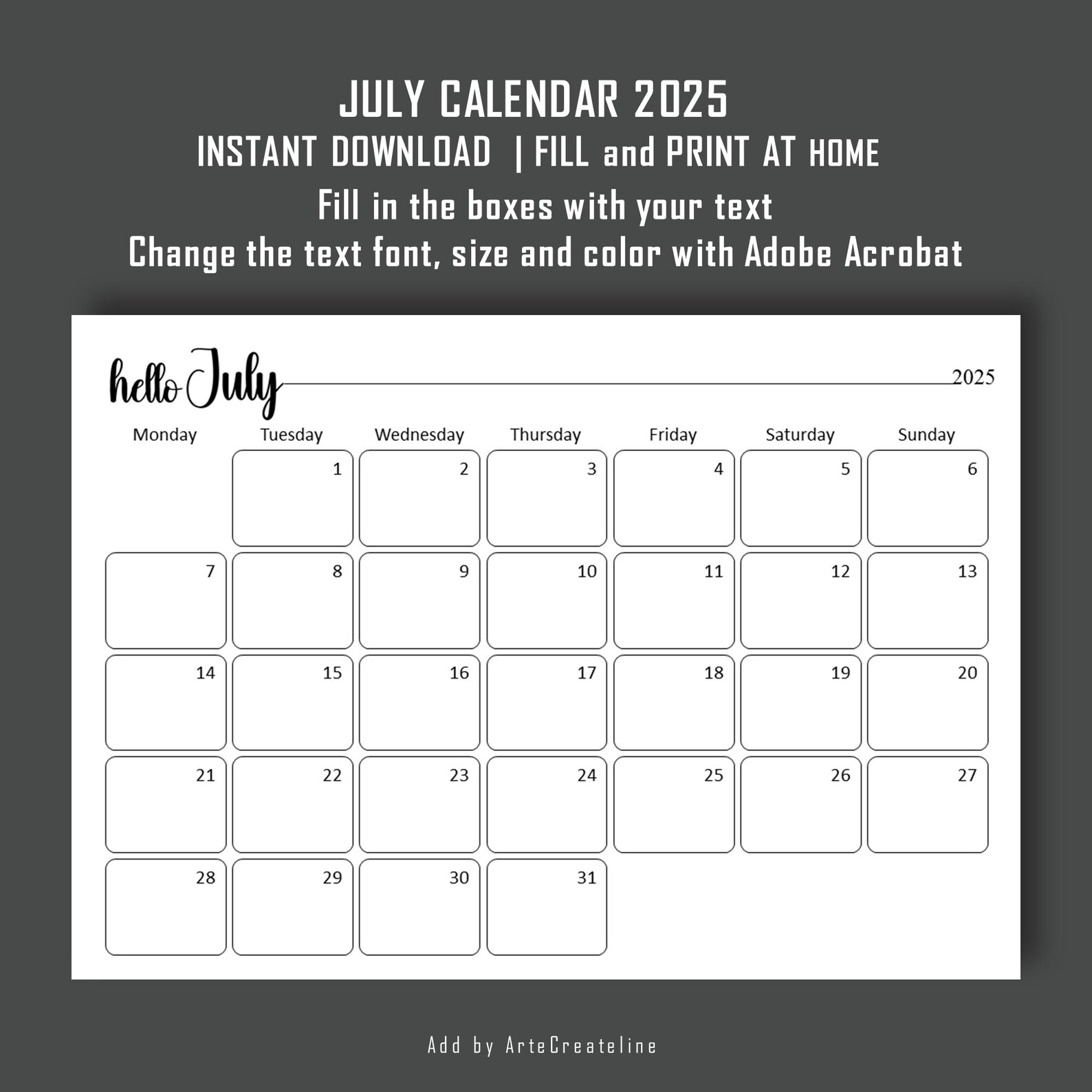 Simple July Calendar 2025, Summer Planner, Monthly Schedule, Homeschool ...