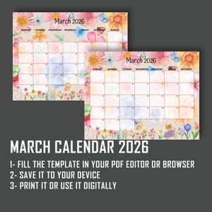 EDITABLE March 2026 Calendar, Hello Spring Flowery Calendar, Printable ...