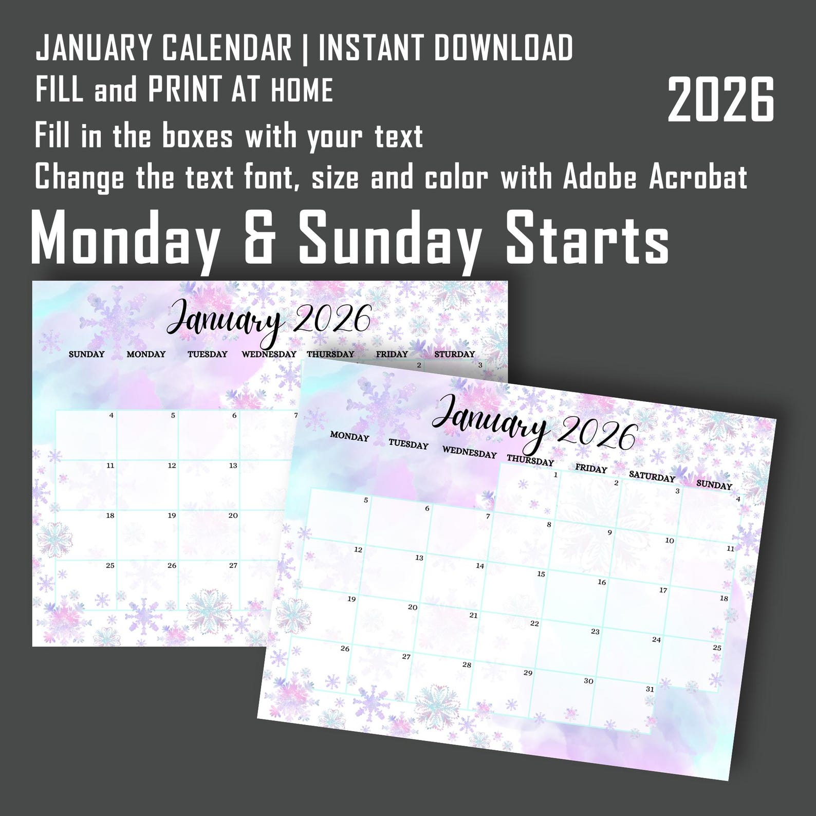 Editable January 2026 Calendar, Cute Winter 2026, Monthly Calendar for ...