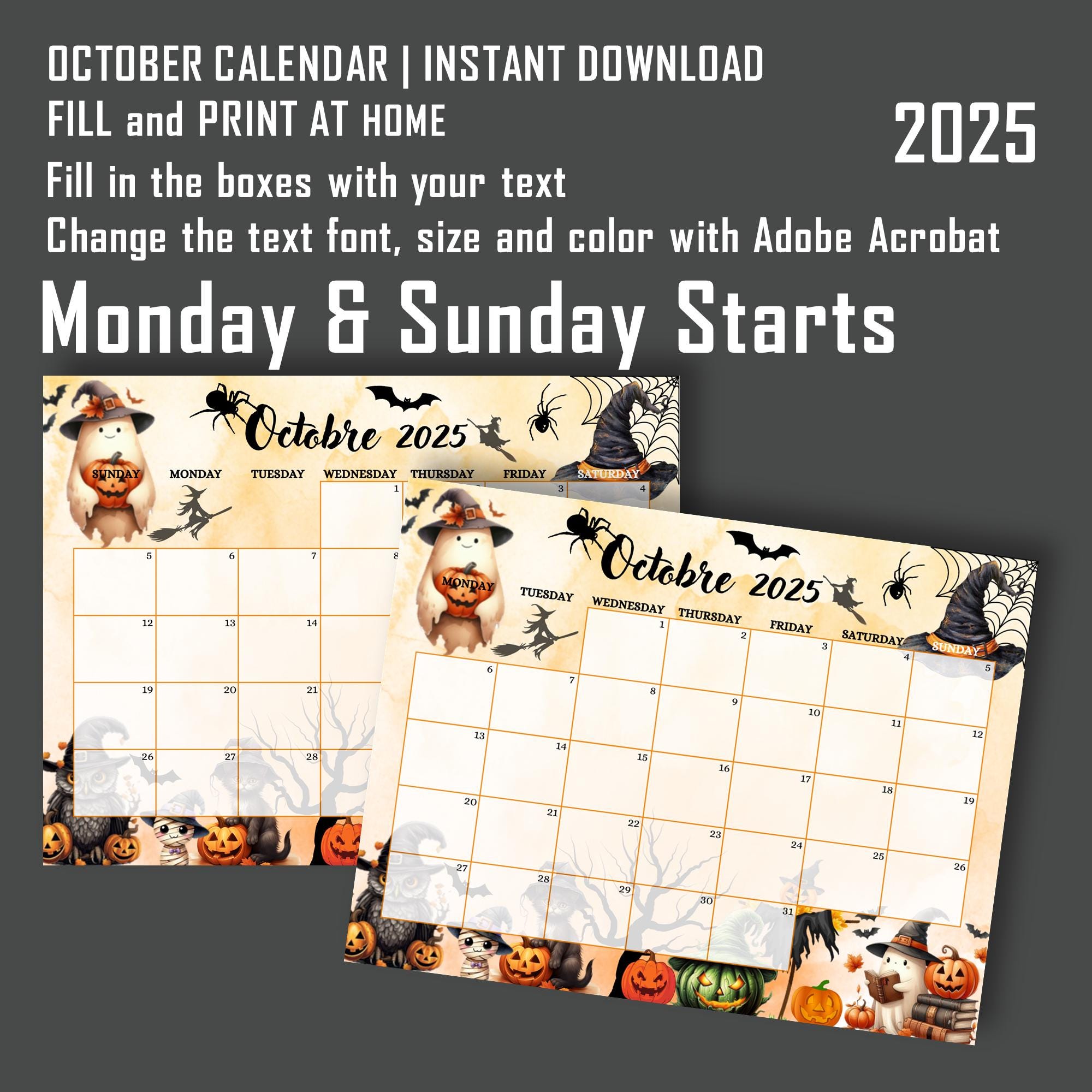 EDITABLE October 2025 Calendar, Cute Spooky Halloween Planner ...