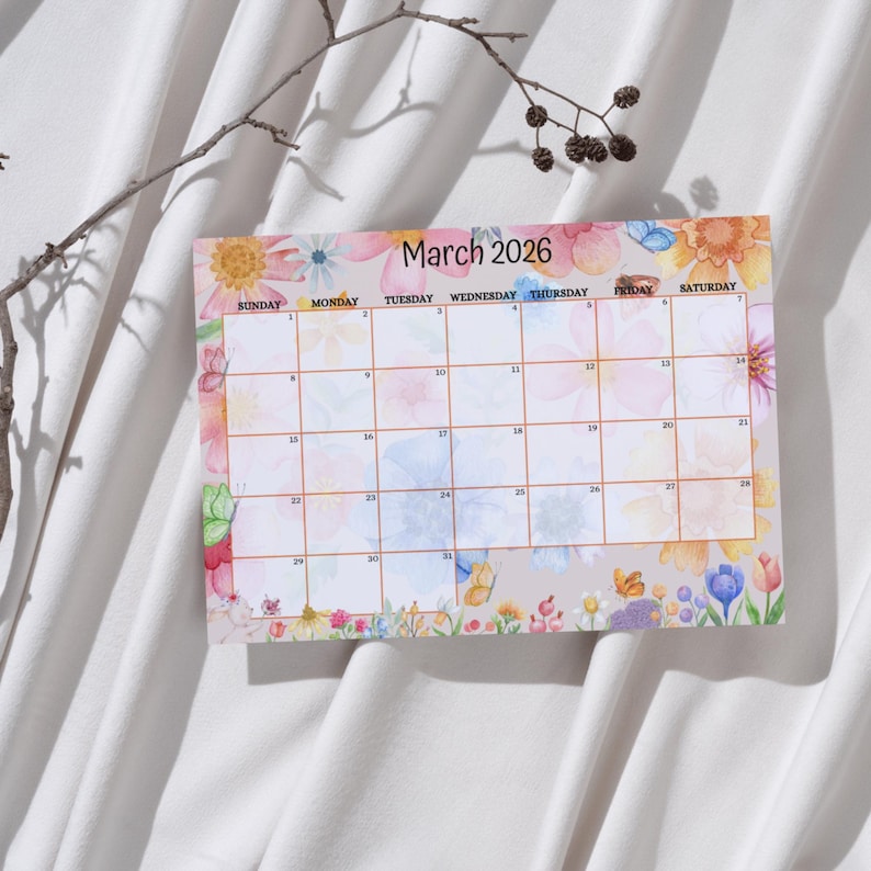 EDITABLE March 2026 Calendar, Hello Spring Flowery Calendar, Printable ...