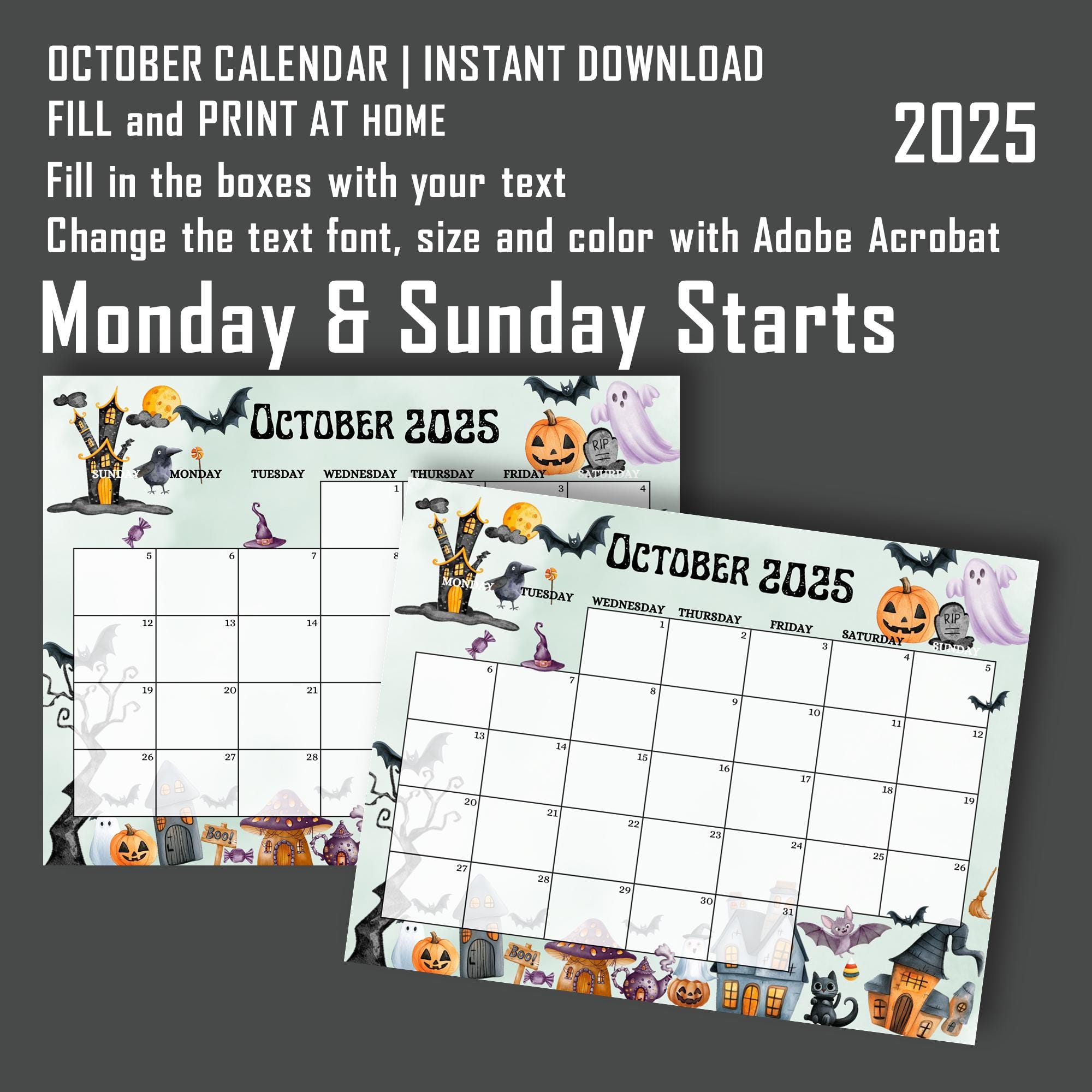 EDITABLE October 2025 Calendar, Cute Spooky Halloween 2025 Planner ...